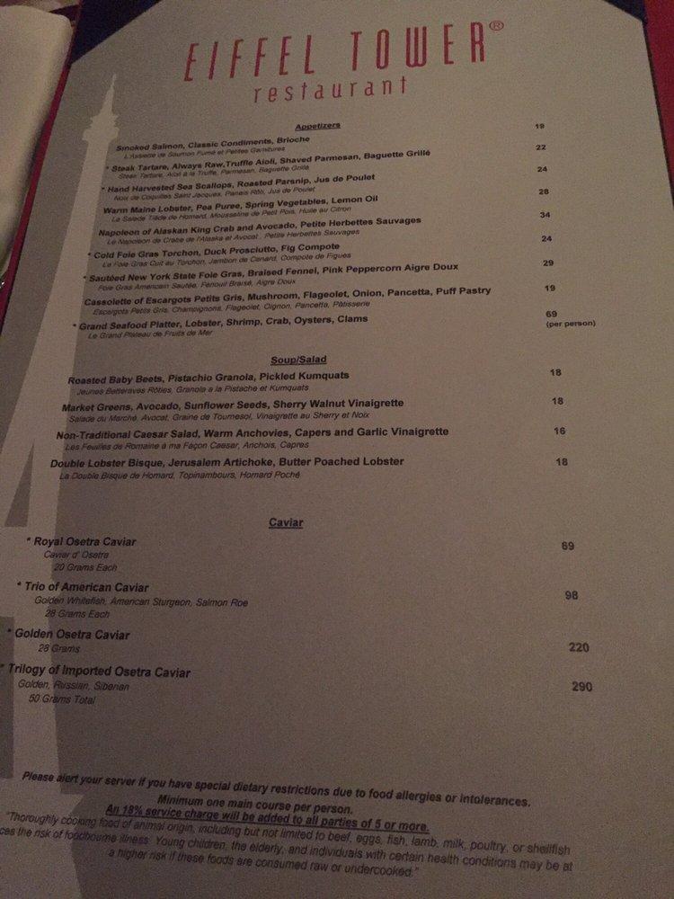 Menu at Eiffel Tower Restaurant, Las Vegas, S Las Vegas Blvd