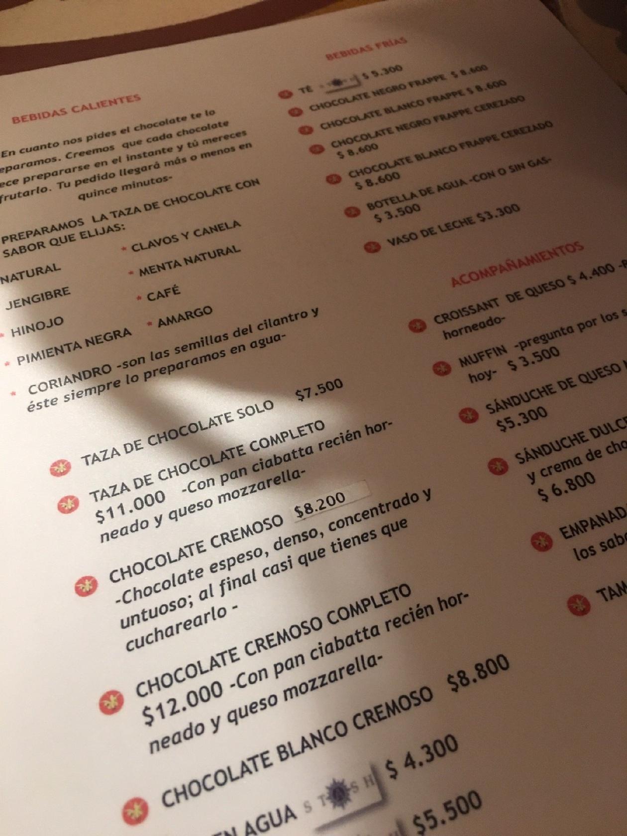 Menu at La Chocolatera cafe, Bogotá