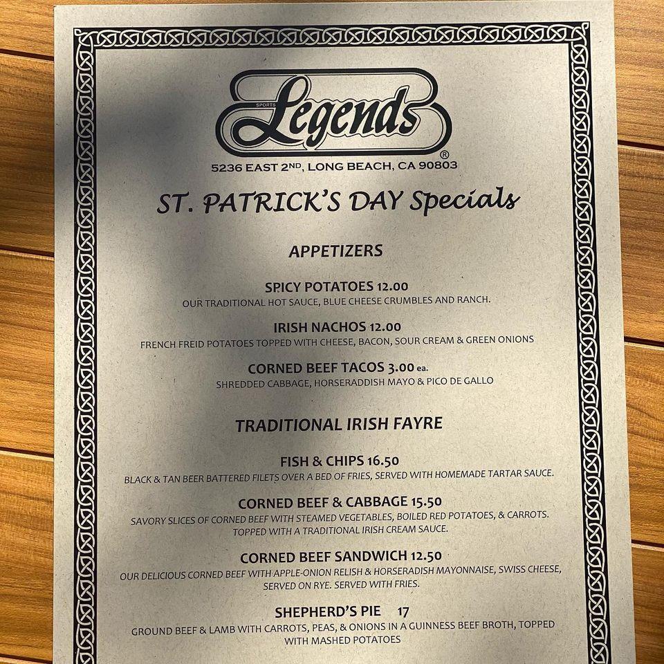 Menu at Legends Restaurant & Sports Bar, Long Beach, 2nd St
