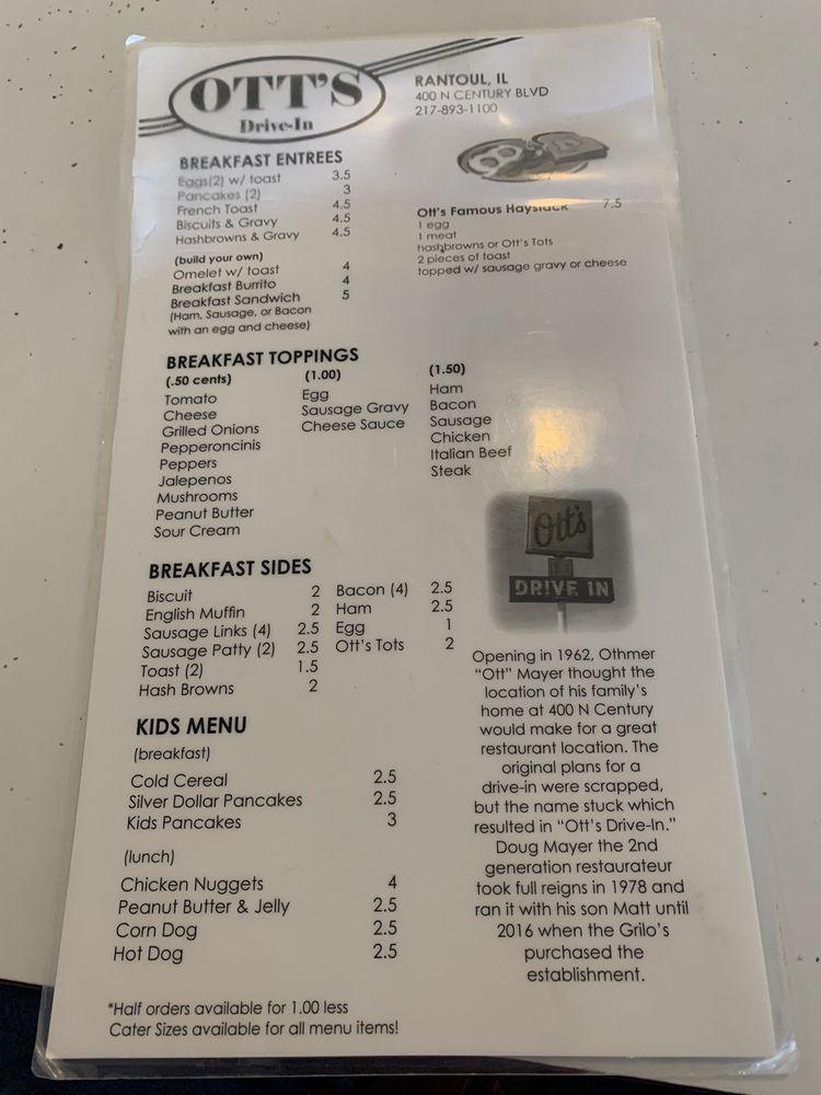 Menu at Ott's Drive In restaurant, Rantoul