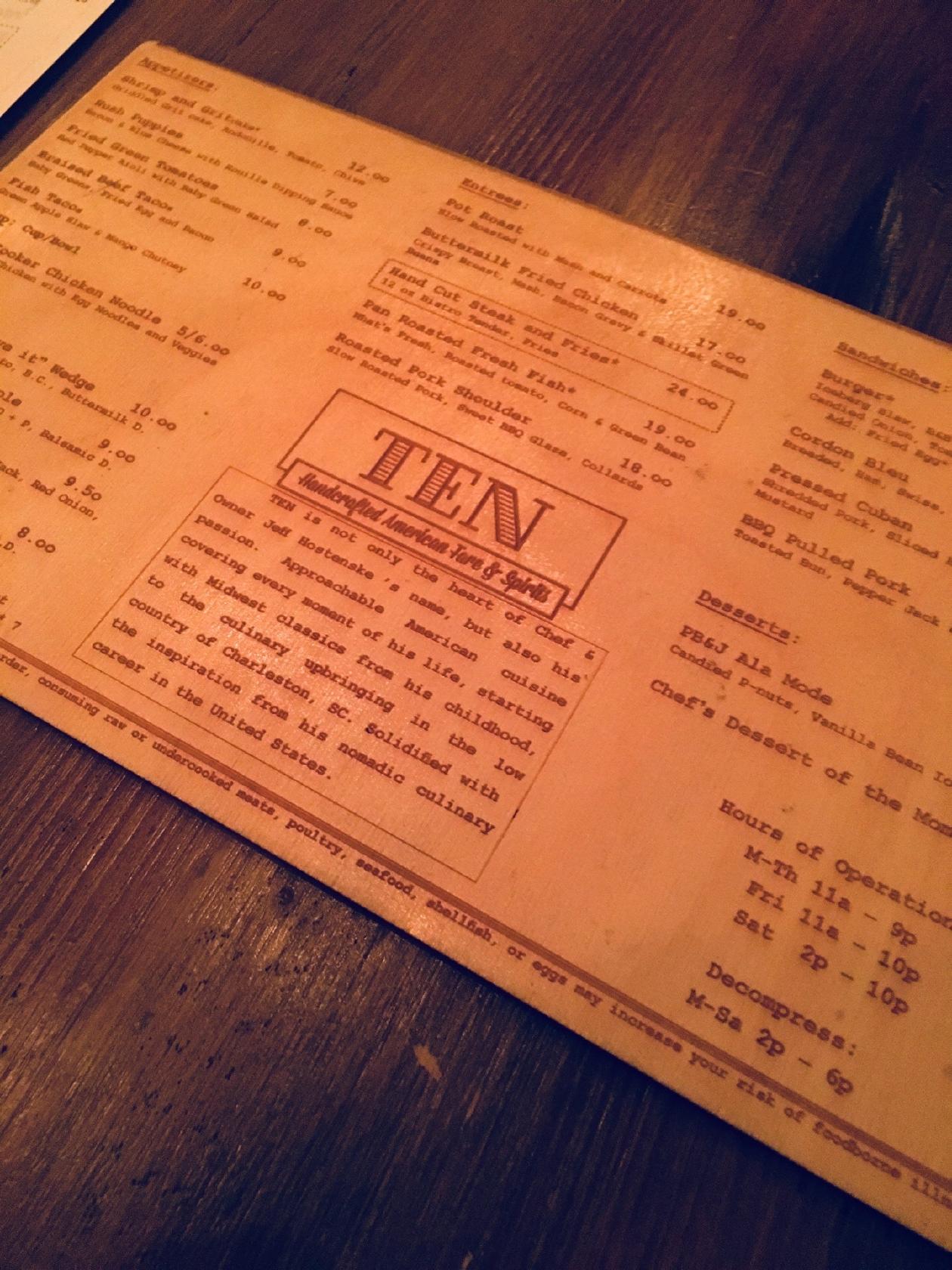 Menu at TEN - Handcrafted American Fare and Spirits pub & bar, Phoenix