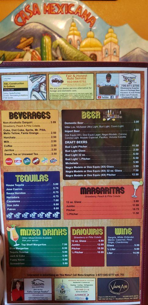 Menu at Casa Mexicana restaurant, Southern Pines