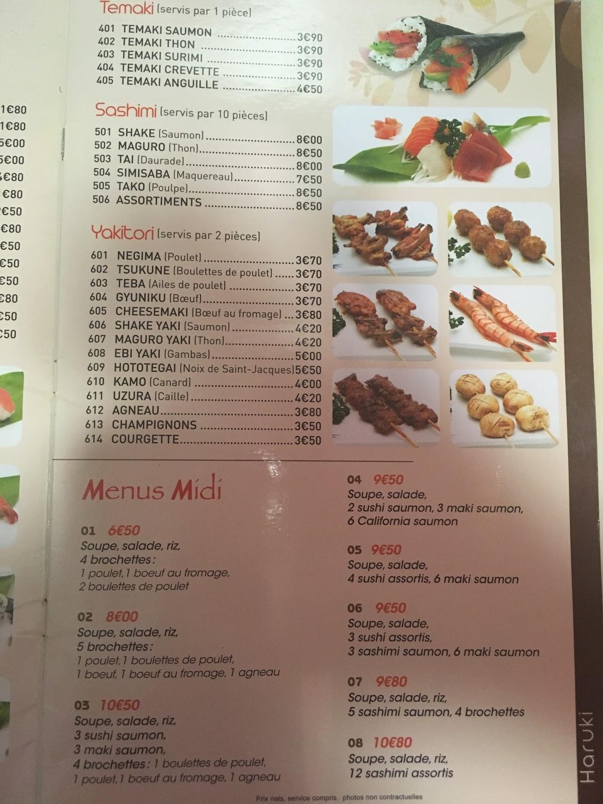 Menu at Haruki restaurant, Montreuil