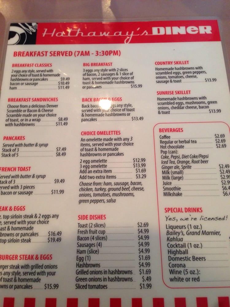 Menu at Hathaway's Diner cafe, Edmonton