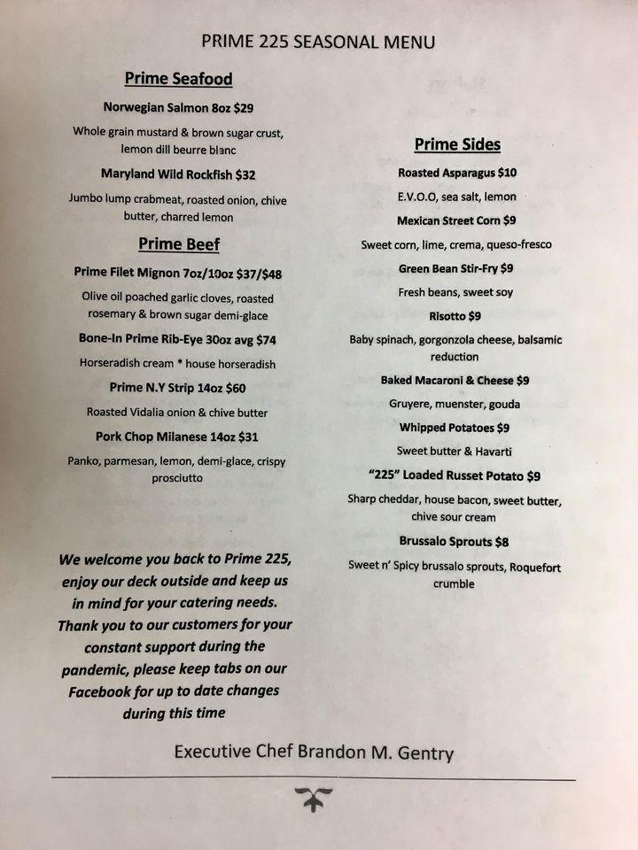 Menu at Prime 225 pub & bar, Chesapeake City