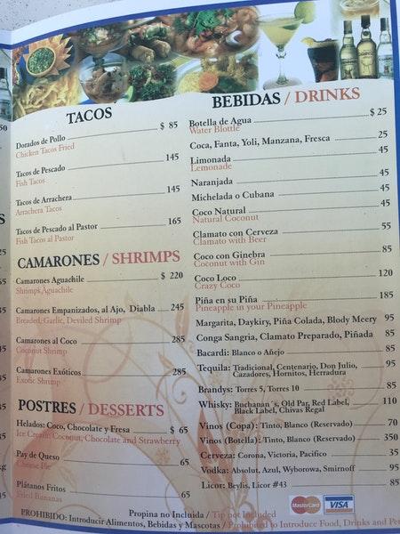 Menu at Restaurante Arena, Zihuatanejo