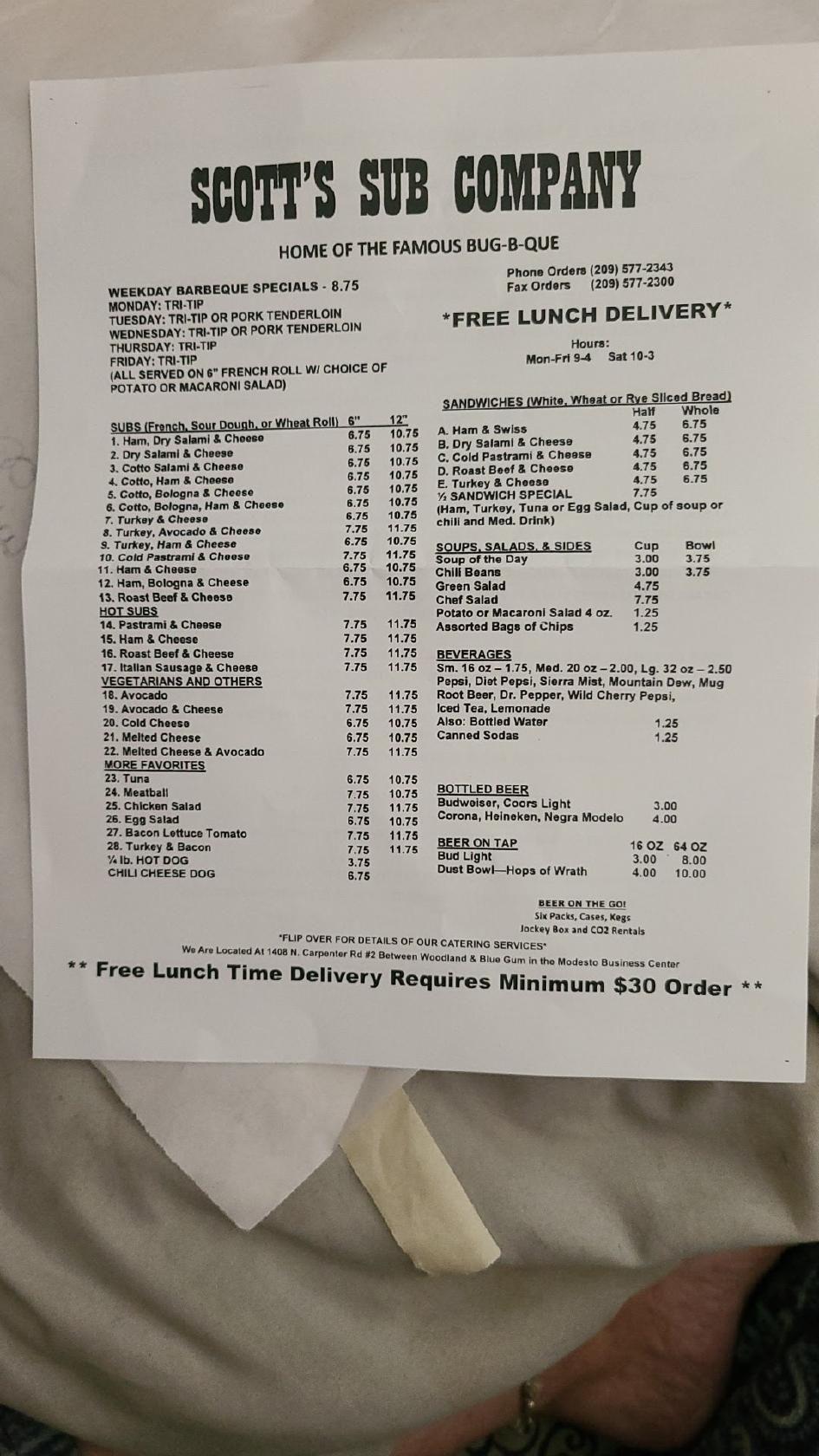 Menu at Scott's Sub Co restaurant, Modesto