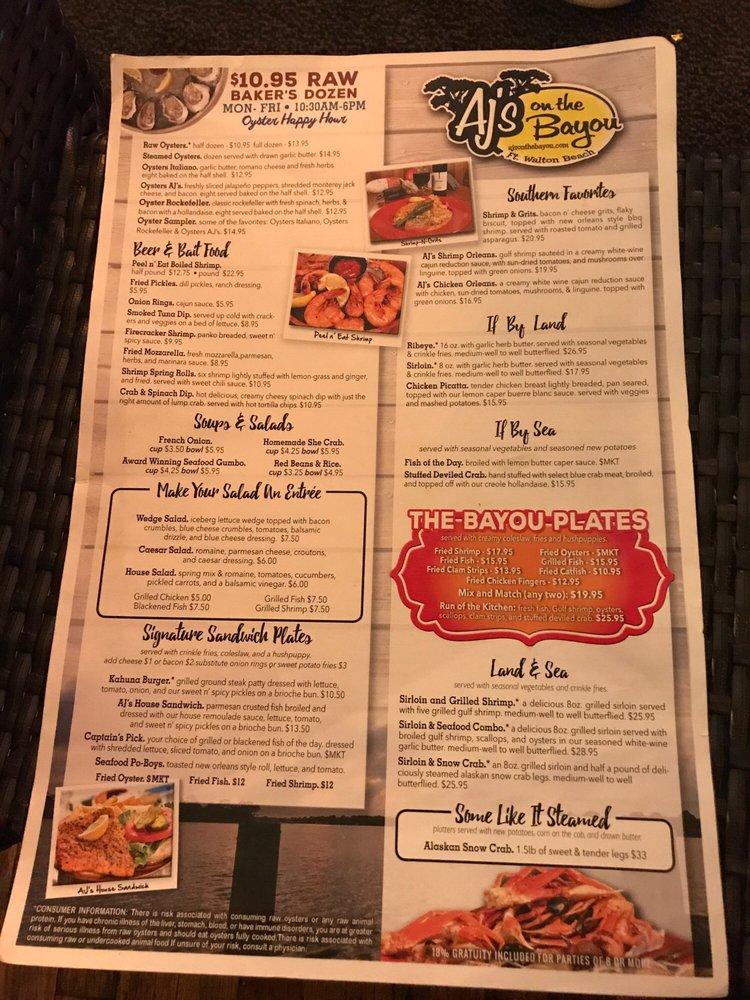 Menu at AJ's on the Bayou restaurant, Fort Walton Beach