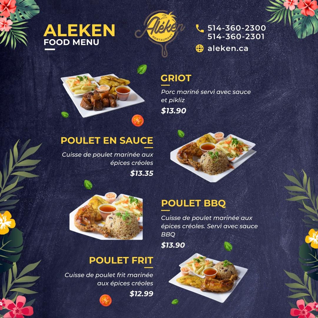 Menu at Aléken restaurant, Montreal, Bd des Galeries d'Anjou