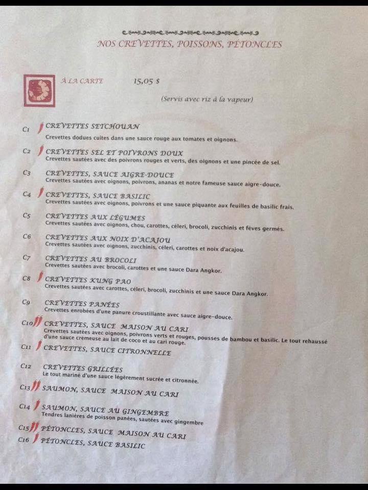 Menu au Dara Angkor restaurant, Repentigny