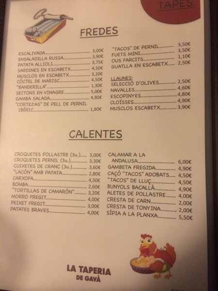 Carta del restaurante La Taperia del Gavà, Gavà