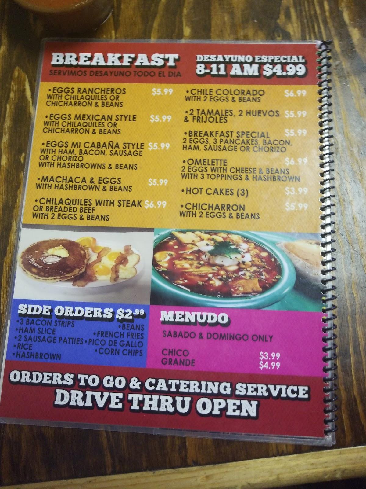 Menu at Mi Cabaña restaurant, Socorro, 657 Horizon Blvd