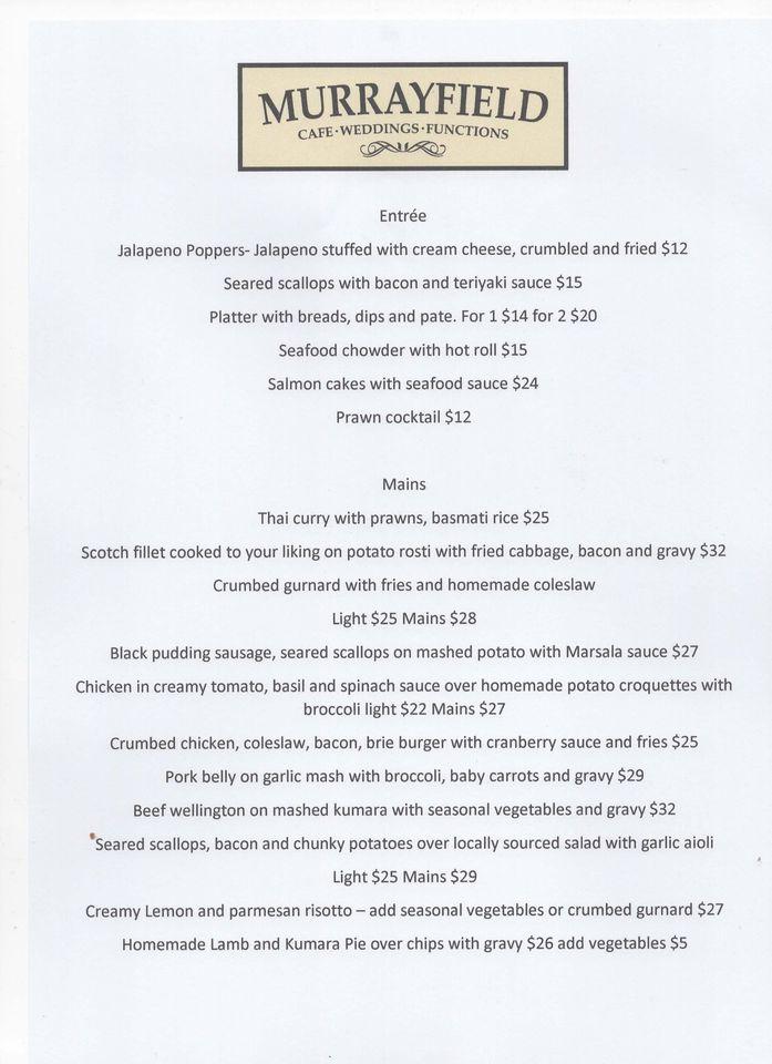 Menu at Murrayfield Cafe, New Zealand