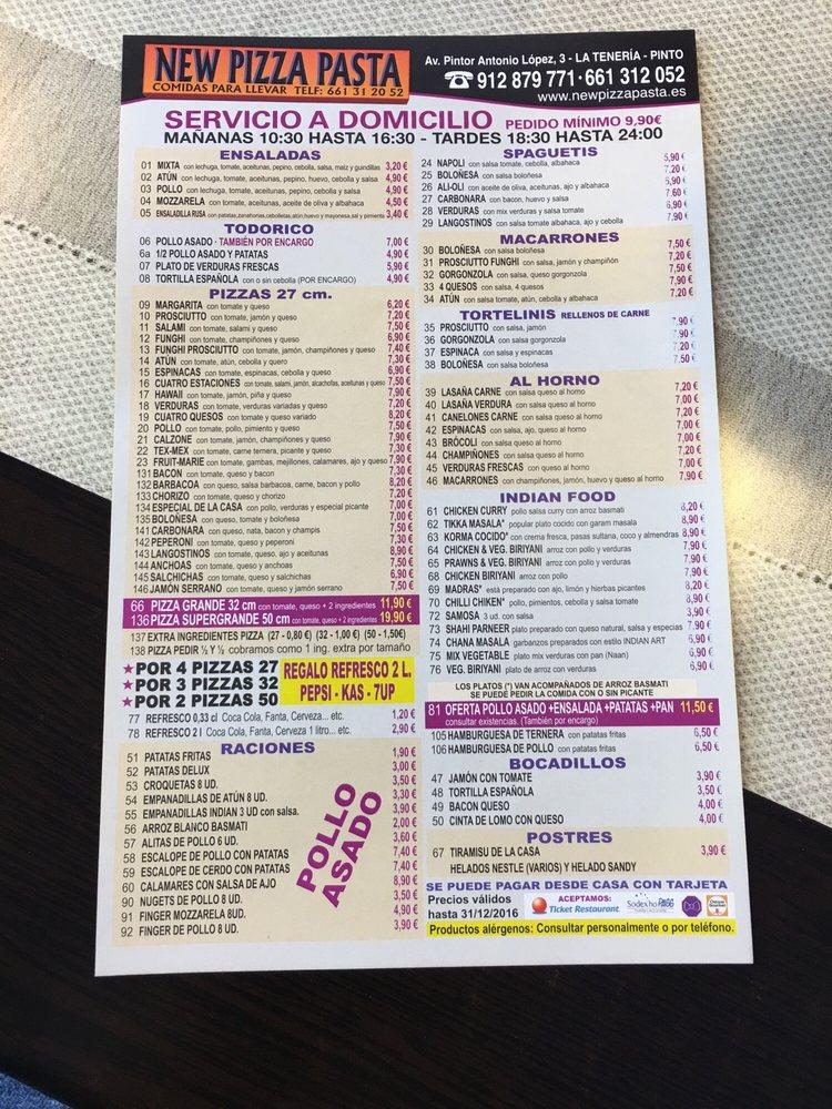 Menu at New pizza pasta restaurant, Pinto