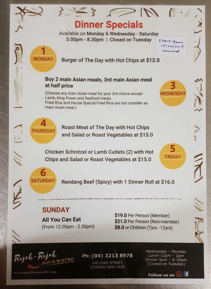 Menu at Rojak-Rojak Sim's Bistro at Dungog RSL restaurant, Dungog
