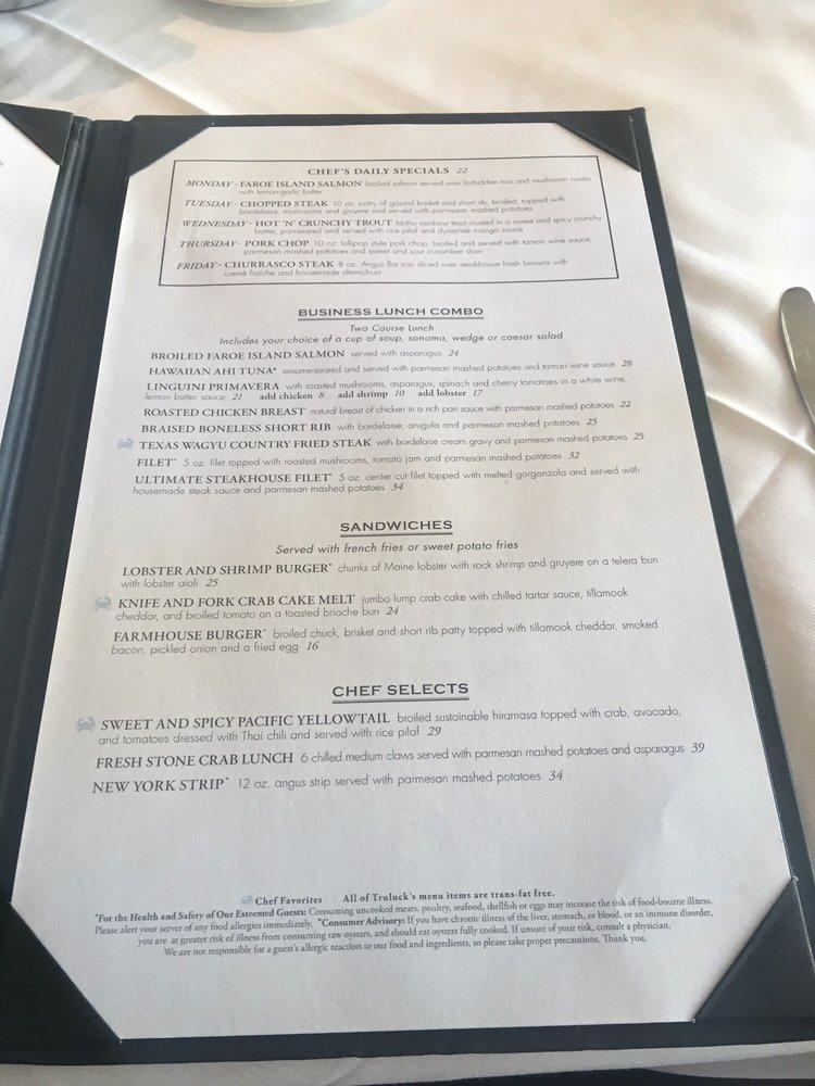 Menu at Truluck's steakhouse, Dallas, McKinney Ave