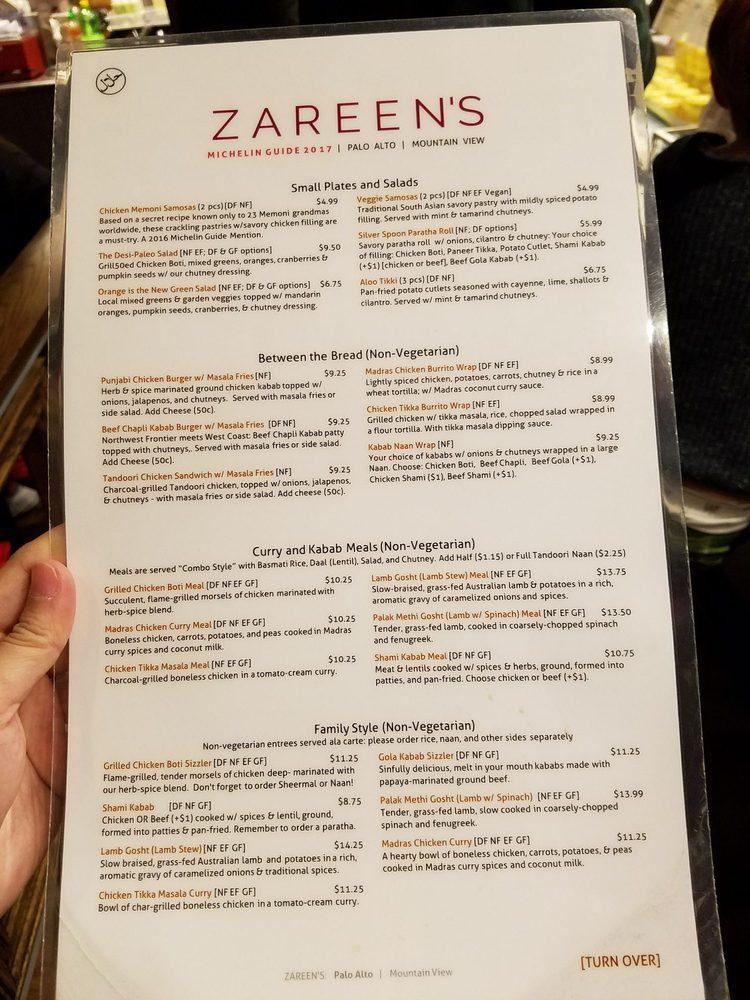 Menu at Zareen's Palo Alto restaurant, Palo Alto