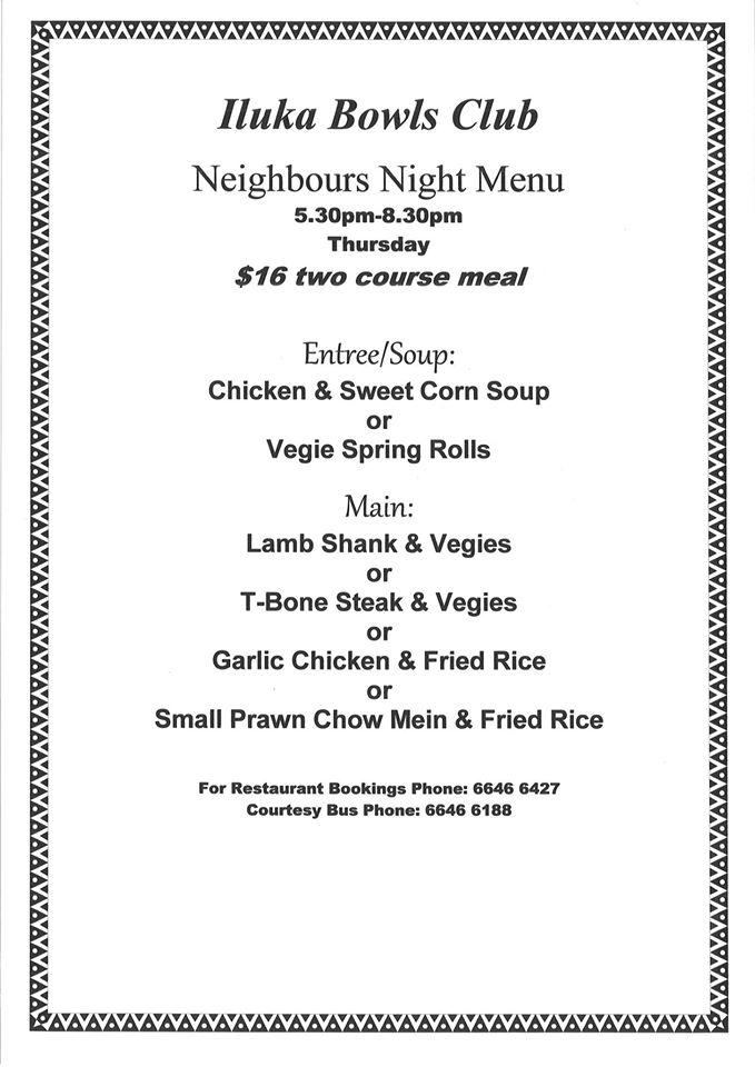 Menu at Club Iluka, Iluka