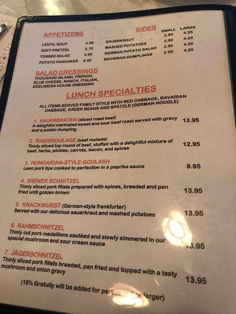 Menu at Edelweiss German Restaurant, Greenville