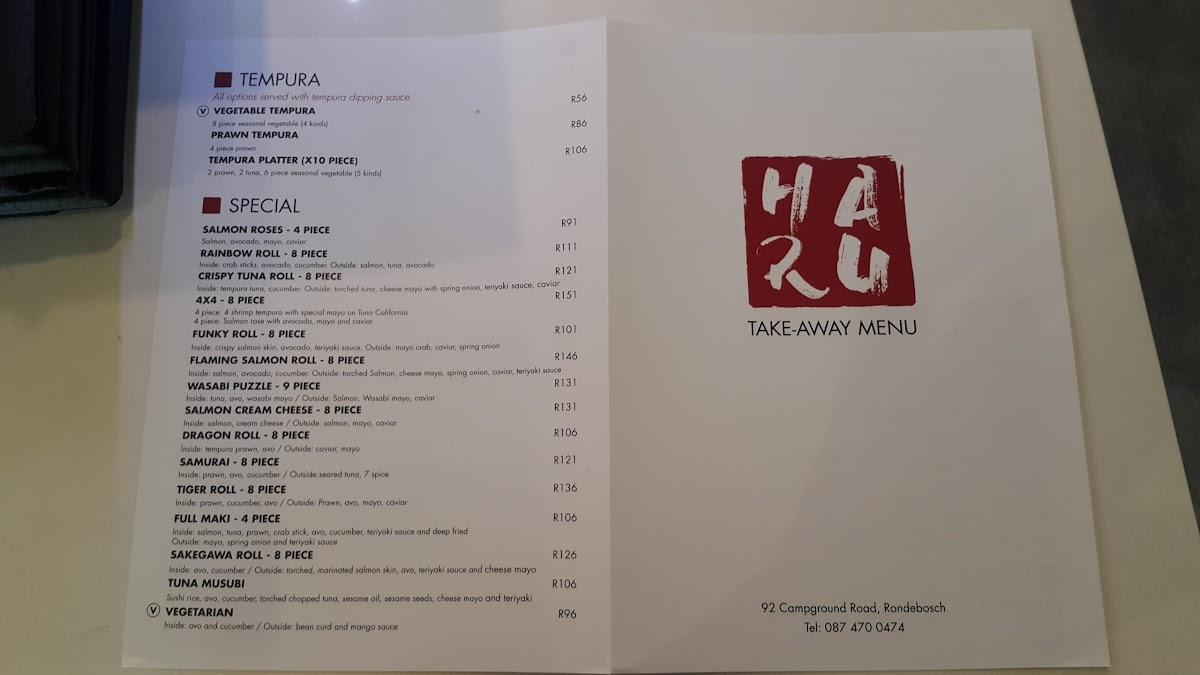 Menu at Haru Japanese and Bistro restaurant, Cape Town