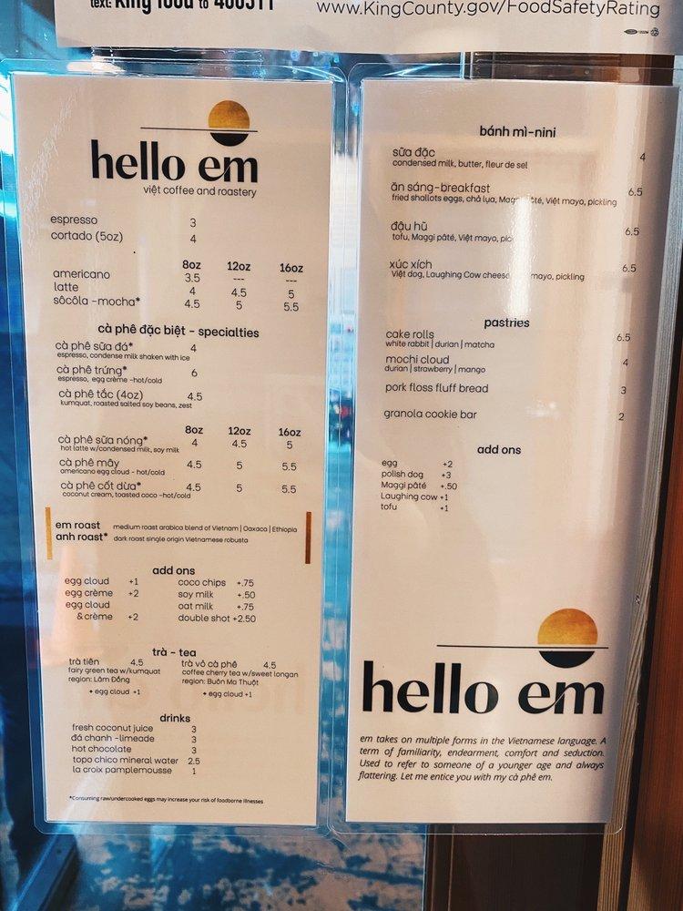 Carta del restaurante Hello Em Việt Coffee & Roastery, Seattle