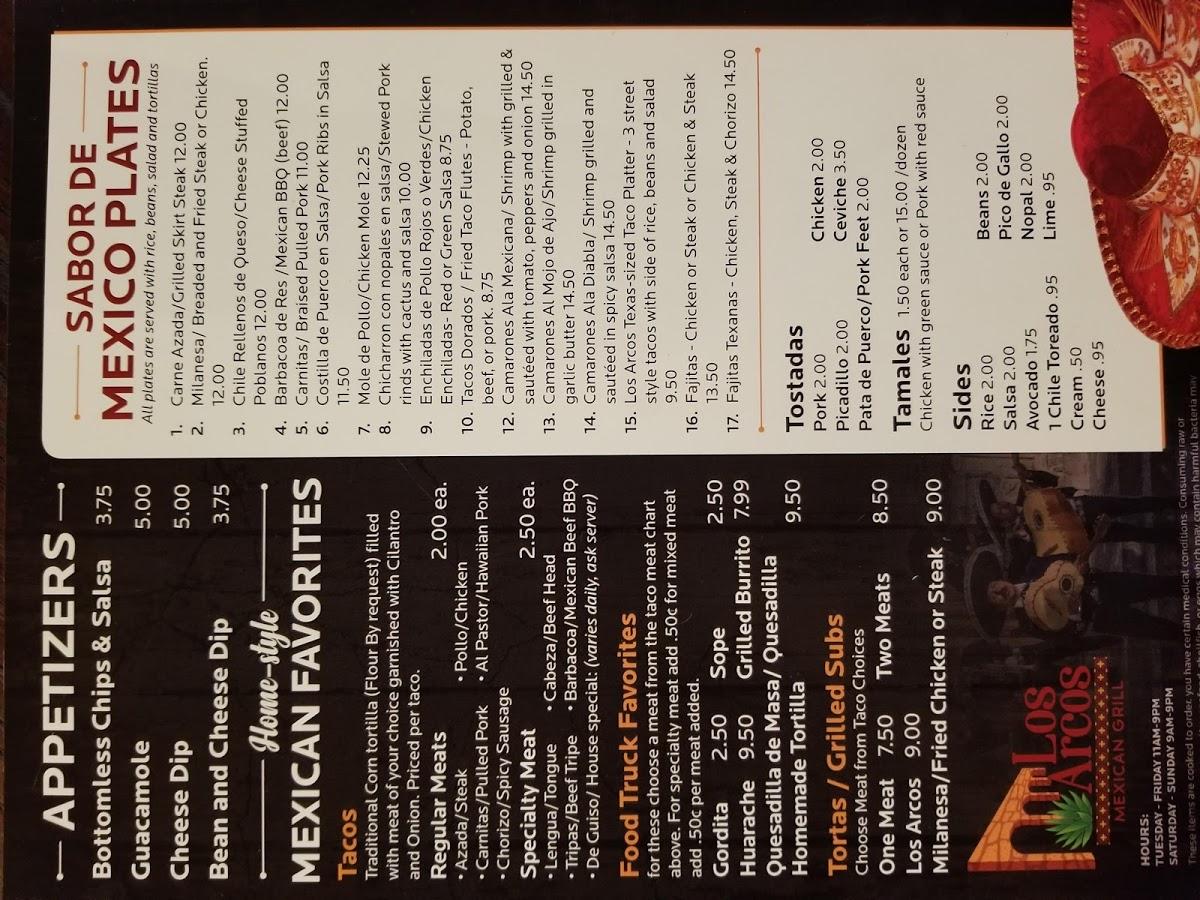 Menu at Los Arcos restaurant, Dillard