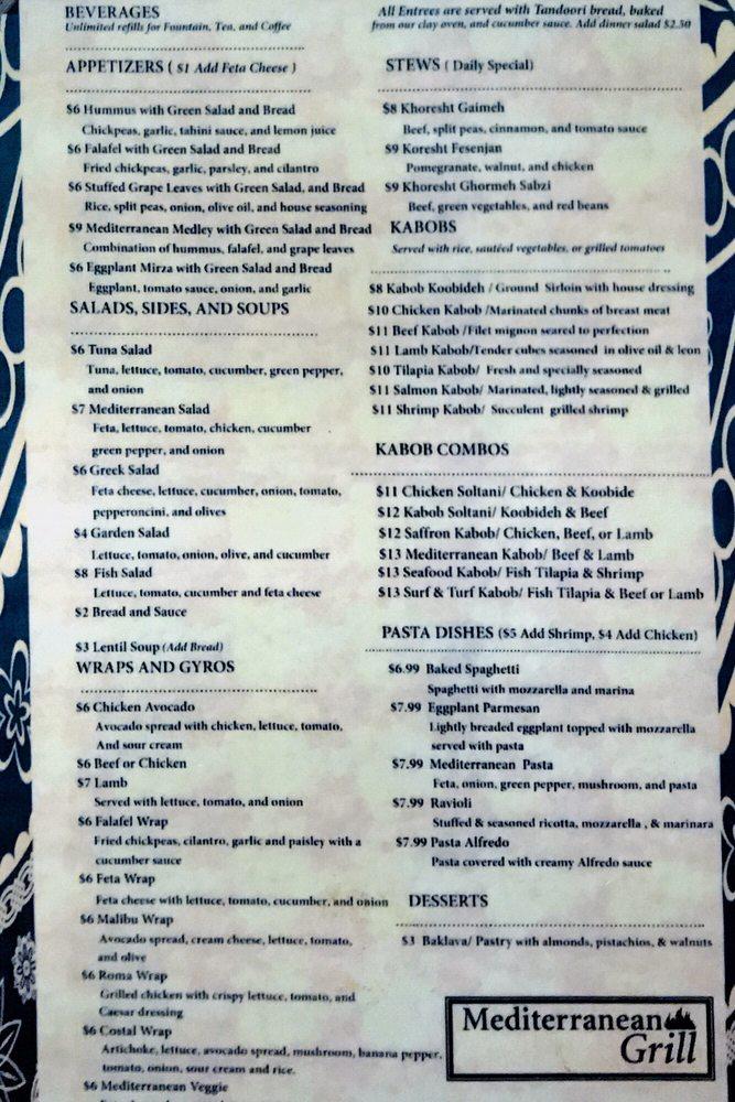 Menu at Mediterranean Grill restaurant, Salisbury