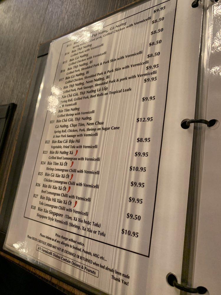 Menu at Pho Now restaurant, Toronto