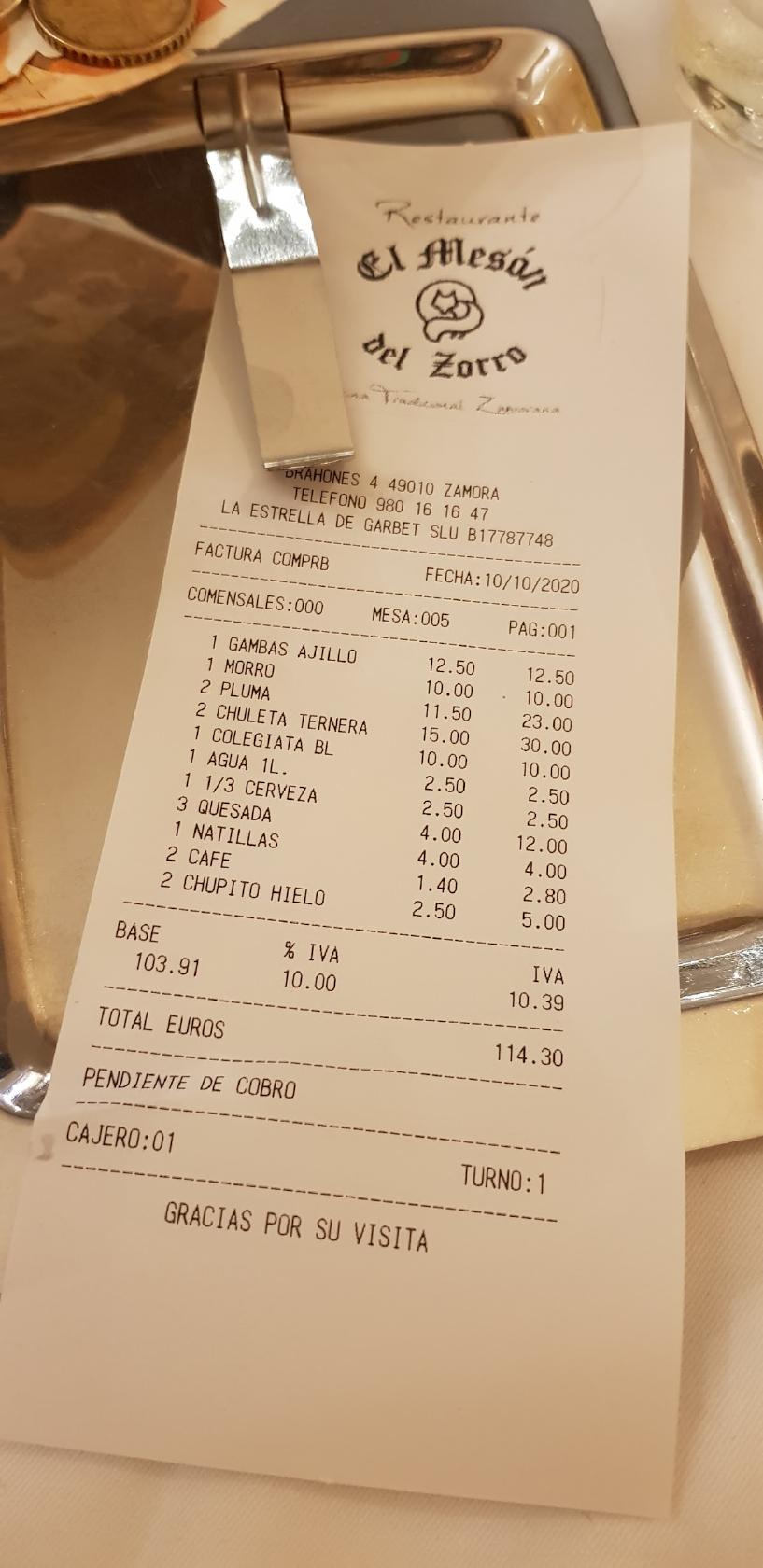 Carta del restaurante El Mesón Del Zorro, Zamora