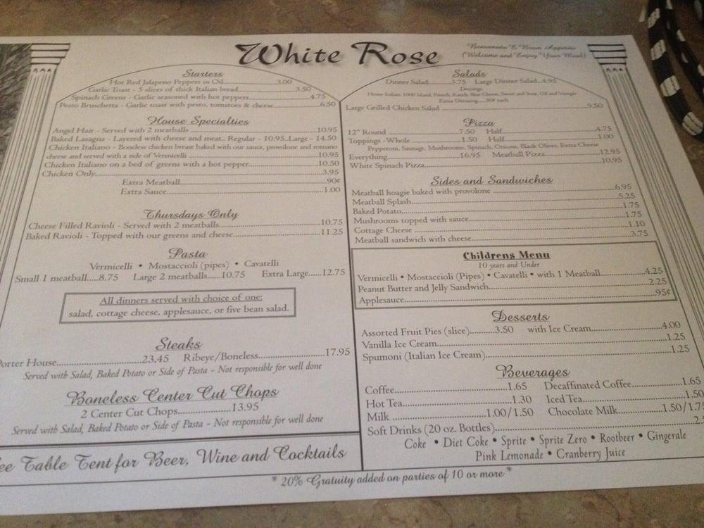 Menu at White Rose Spaghetti House pizzeria, Masury