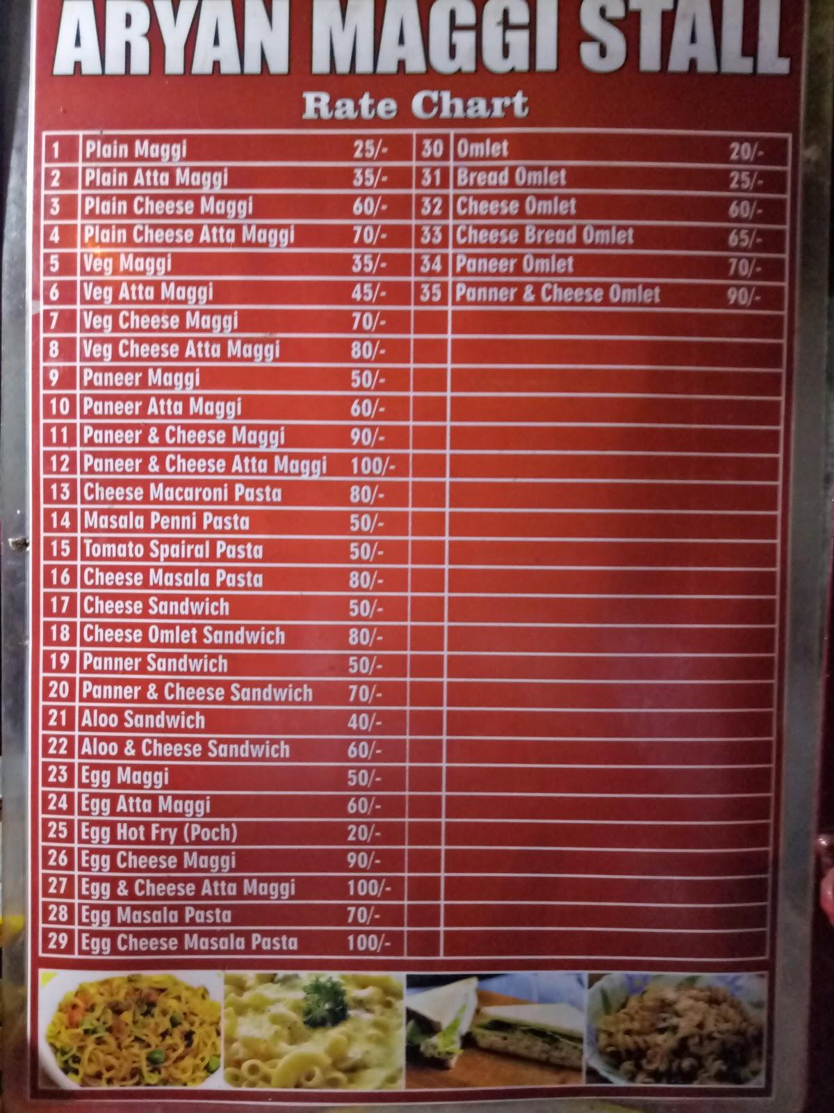 Menu at Aryan Maggi Stall, Jamshedpur