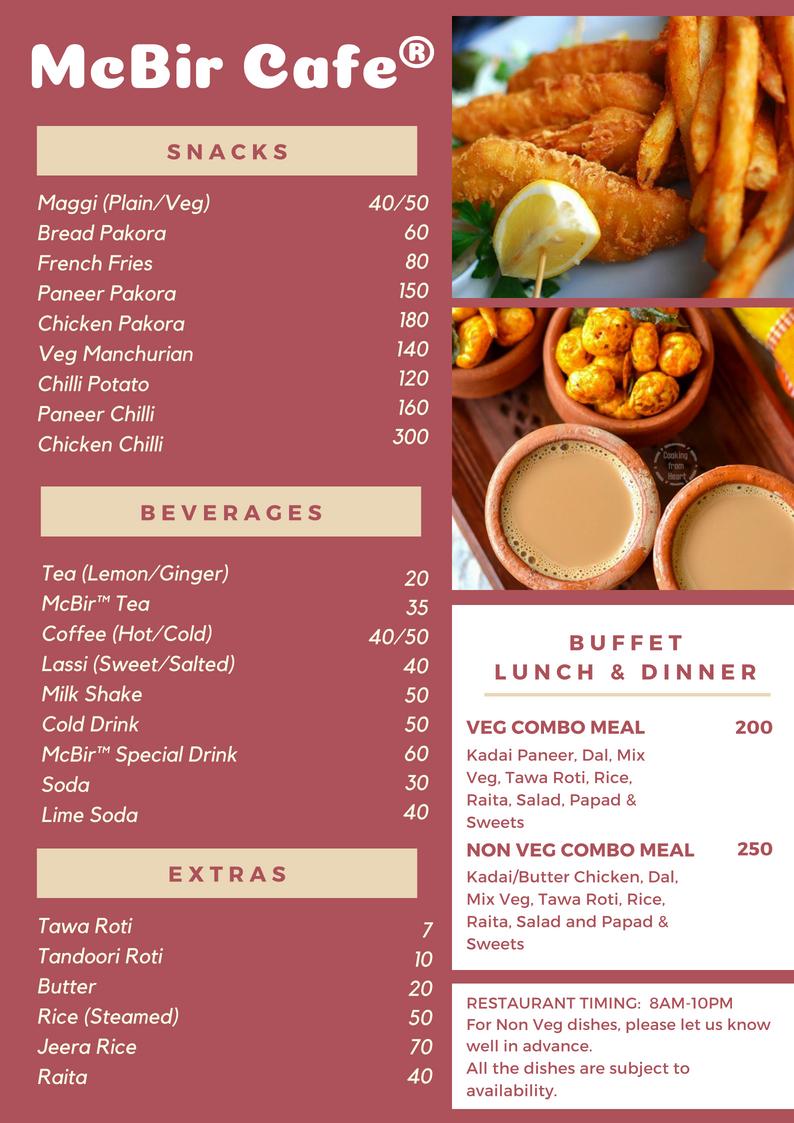 Menu at Bir Café, Bir
