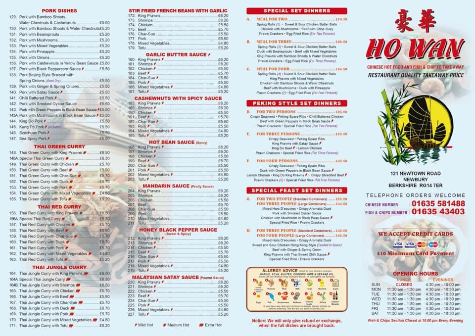 Menu at Howan Takeaway fast food, Newbury