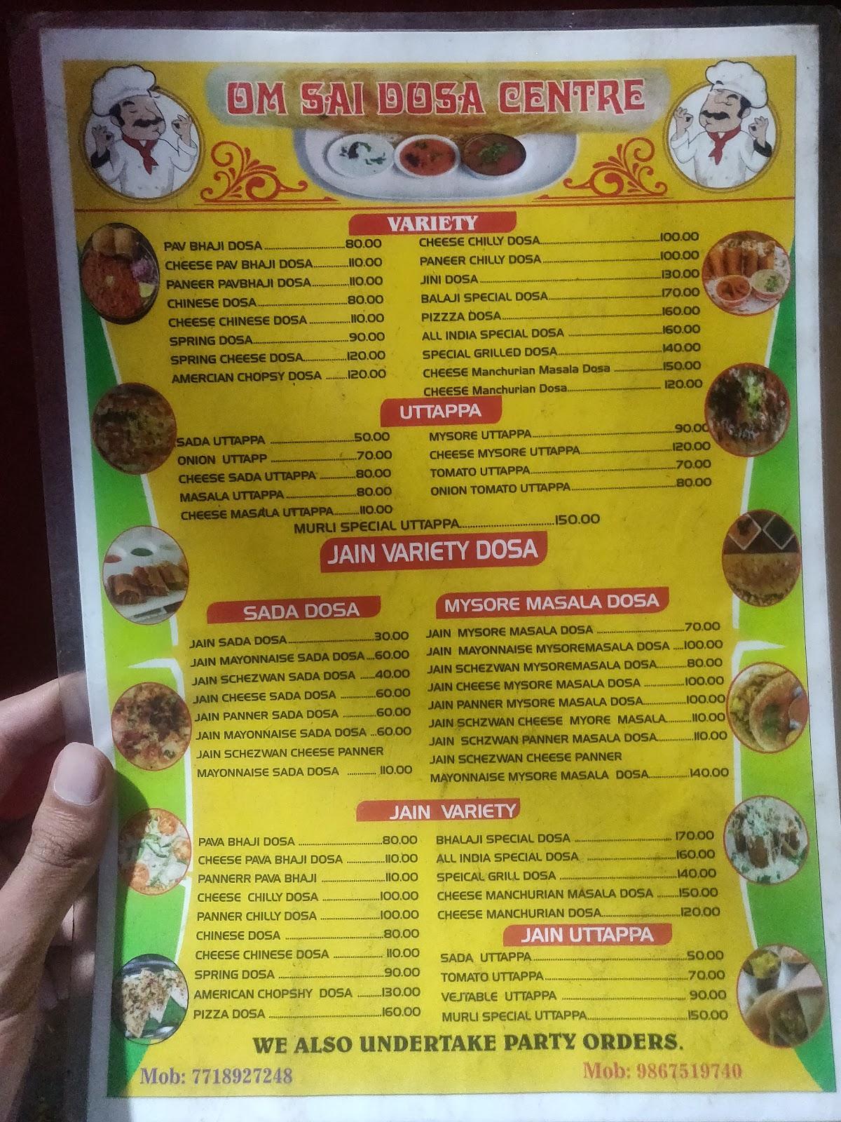 Menu at Om Sai Dosa- Raju Bhai, Mumbai