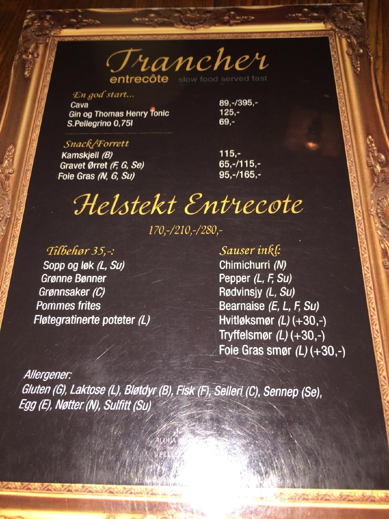 Menu at Trancher Entrecôte steakhouse, Oslo, Thorvald Meyers gate 78