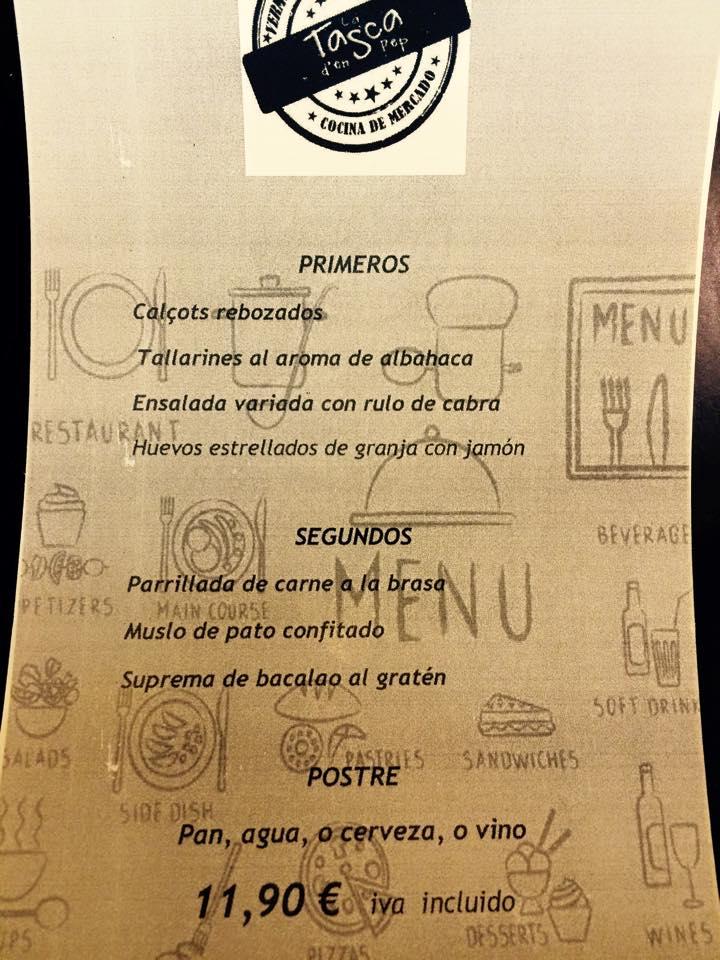 Menu at La Tasca restaurant, Sabadell