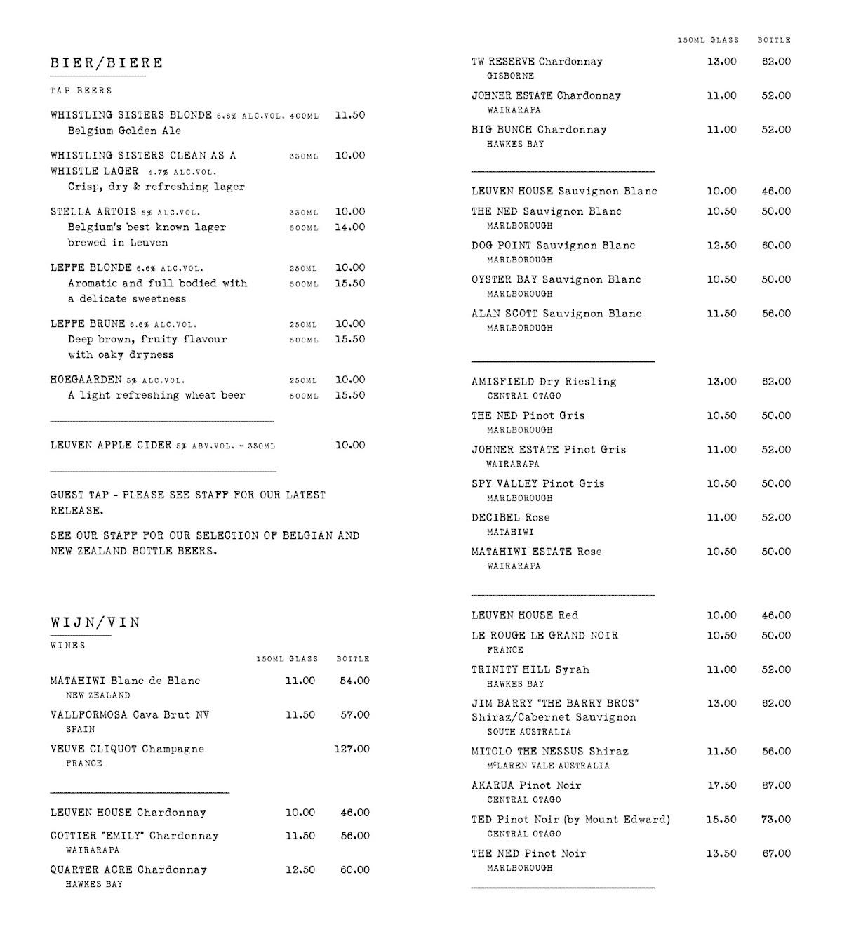 Menu at Leuven Belgium Beer Cafe, Wellington