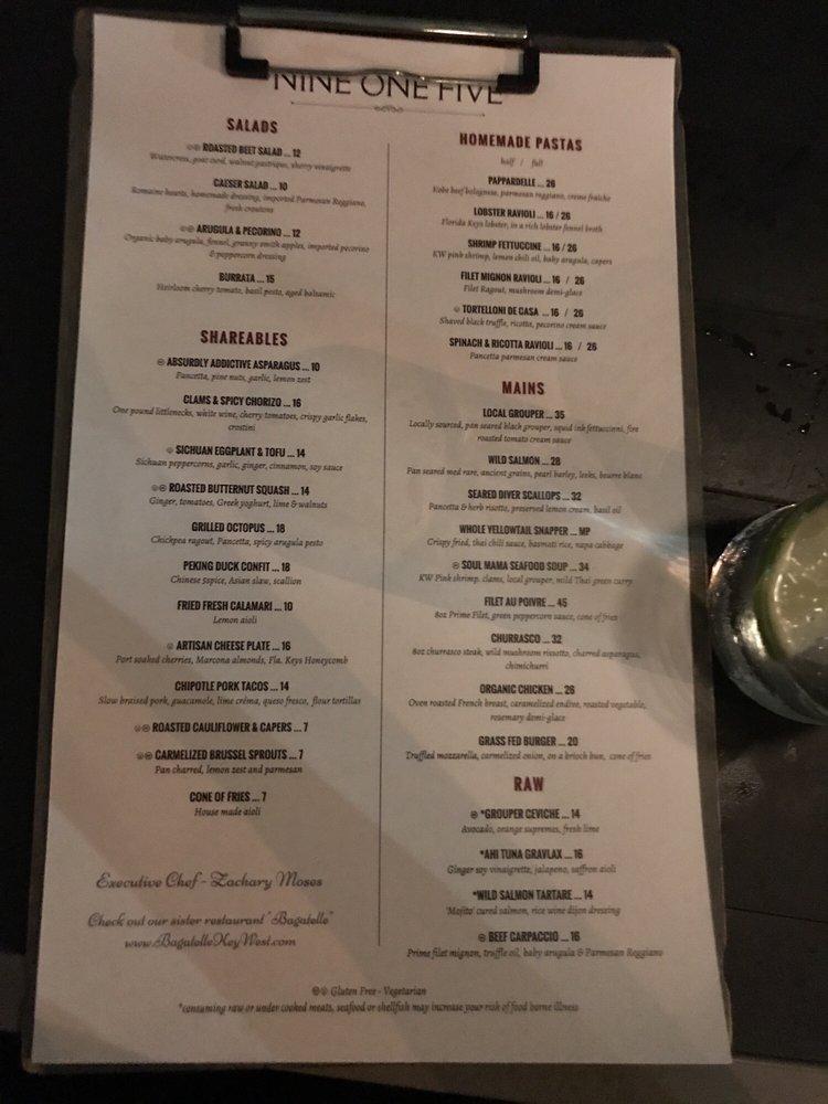 Menu at Nine One Five pub & bar, Key West