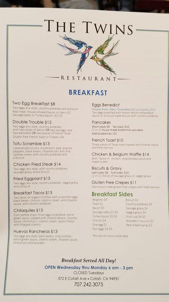 Menu at The Twins Restaurant, Cotati