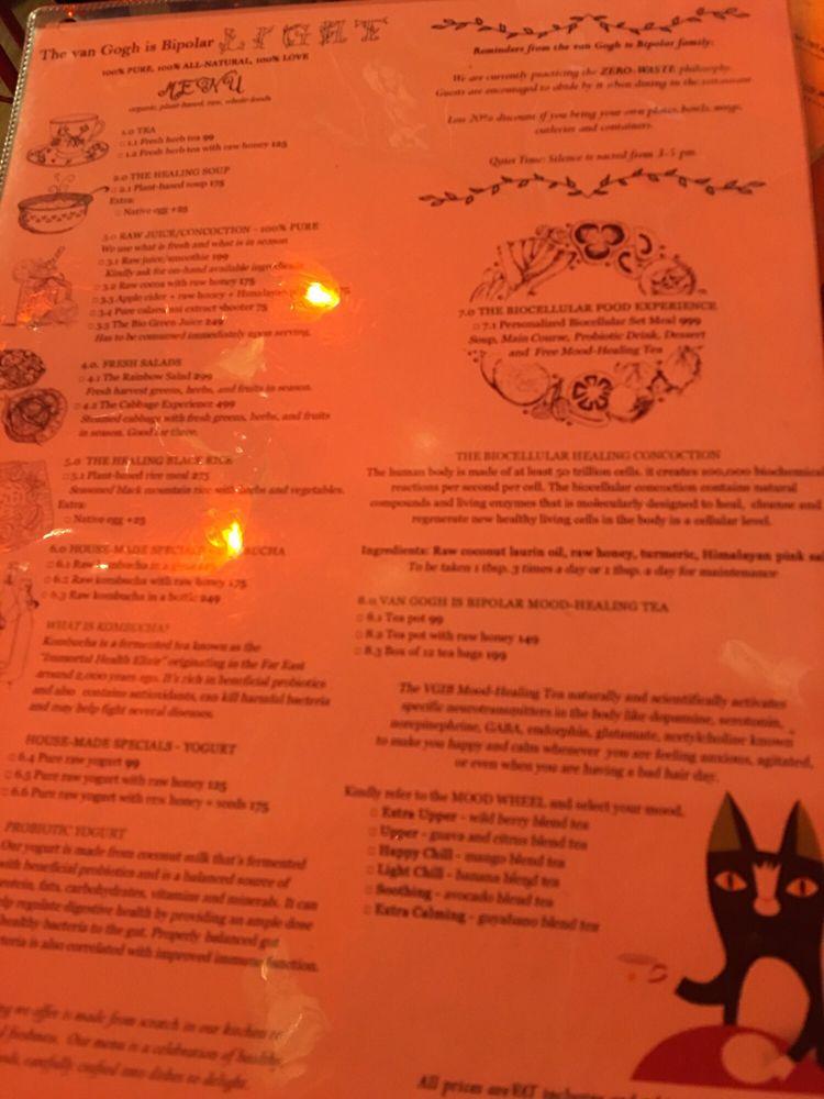Menu at Van Gogh is Bipolar restaurant, Quezon City