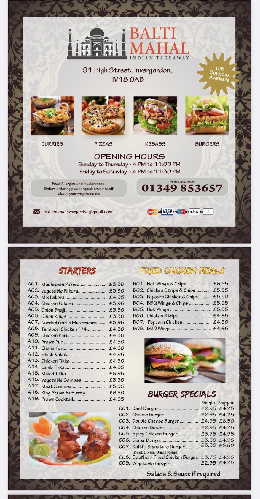 Menu at Balti Mahal fast food, Invergordon