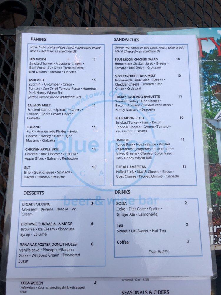 Menu at Blue Moon Cafe, Fayetteville