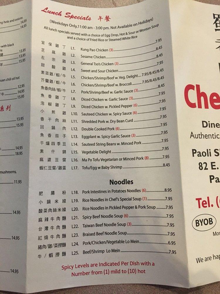 Menu at Cheng Du restaurant, Paoli