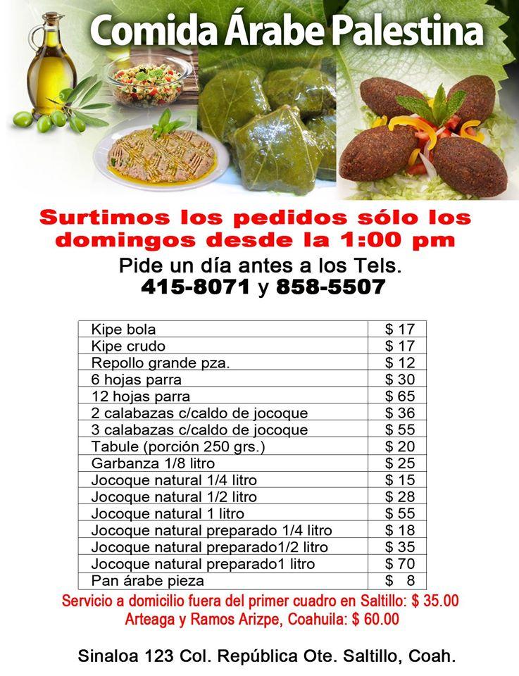 Menu at Palestina Comida Arabe restaurant, Saltillo