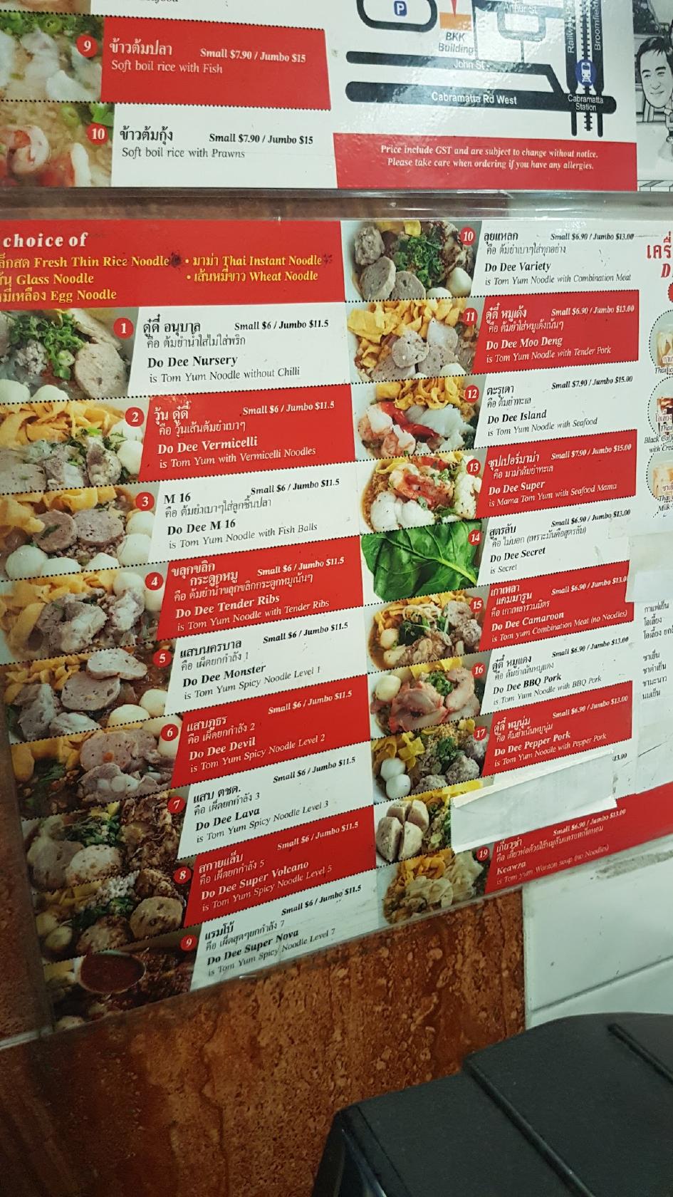 Menu at Do Dee Paidang Thai Noodle Bar, Cabramatta