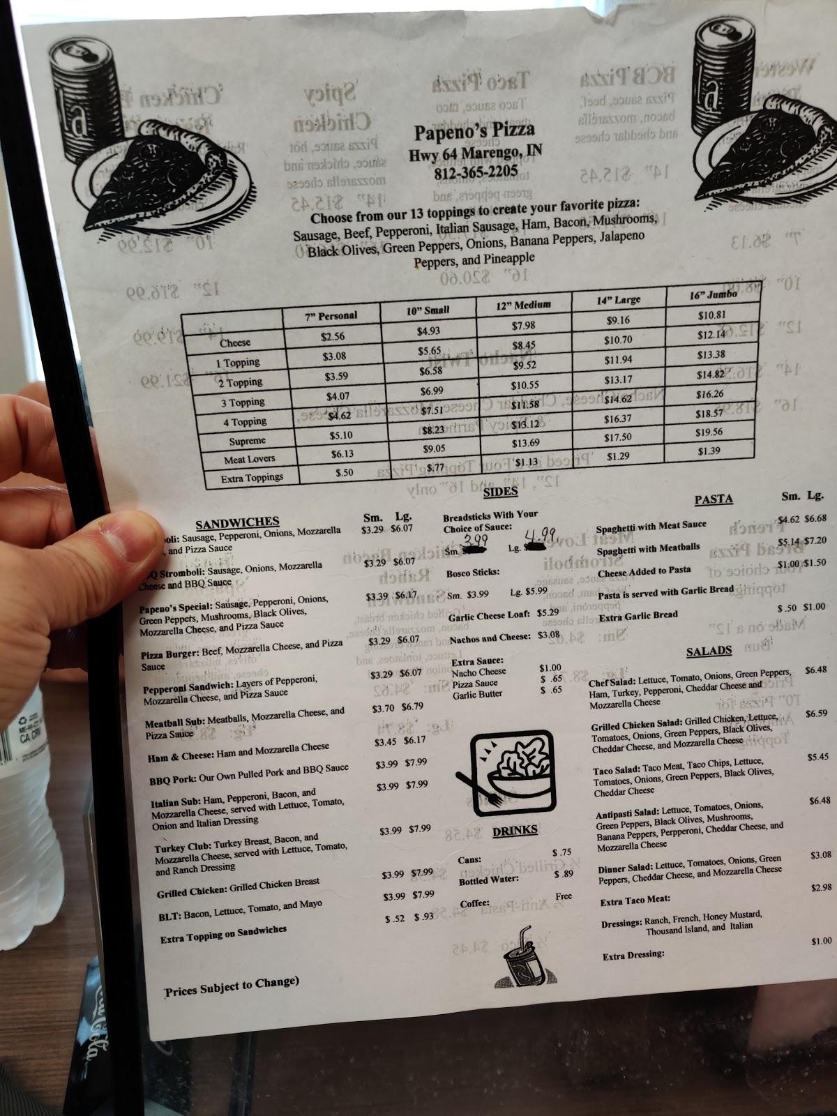 Menu at Papeno's Pizza in Marengo pizzeria, Marengo