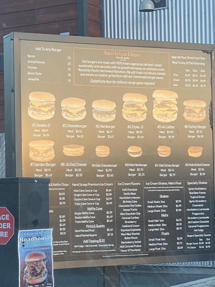 Menu at Roger's Ice Cream & Burgers fast food, Post Falls