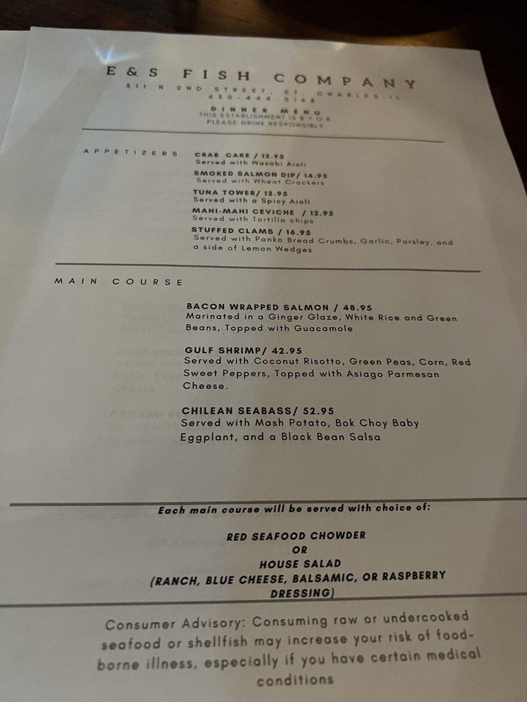Menu at E&S Fish Company restaurant, St. Charles