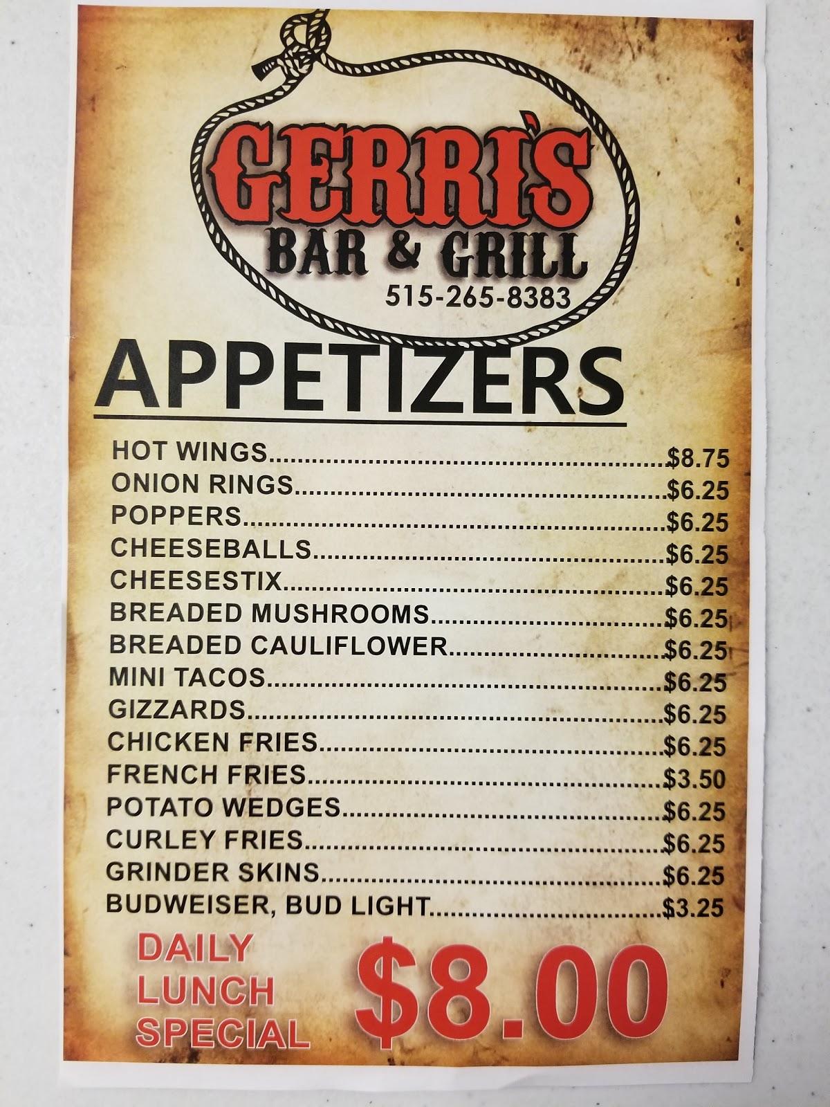 Menu at Gerri's Bar & Grill, Des Moines