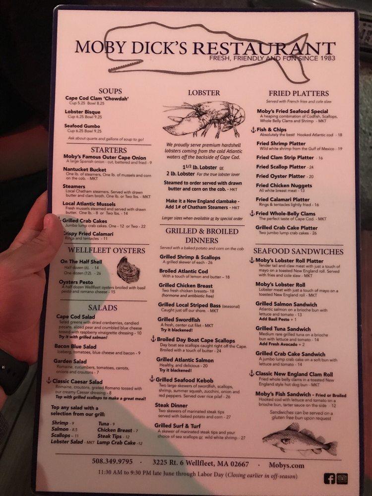 Menu at Moby Dick's Restaurant, Wellfleet